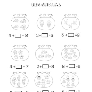 20printable Kindergarten Addition and Subtraction Sea Animal Worksheets ...