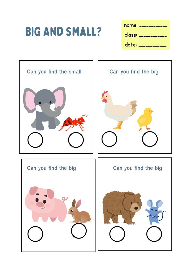 Big and Small Preschool Worksheets: Learning Sizes Printable (PDF) - Etsy