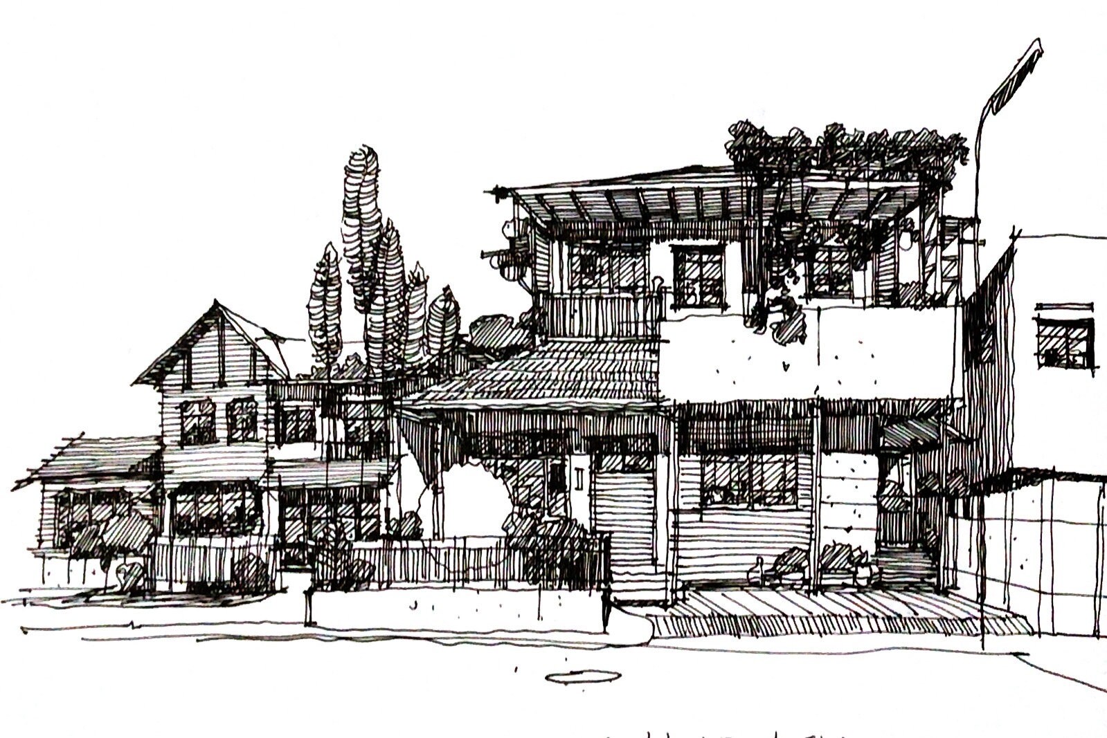 Sketch House Hand Drawn Ink Line Drawings With Buildings Architectural ...