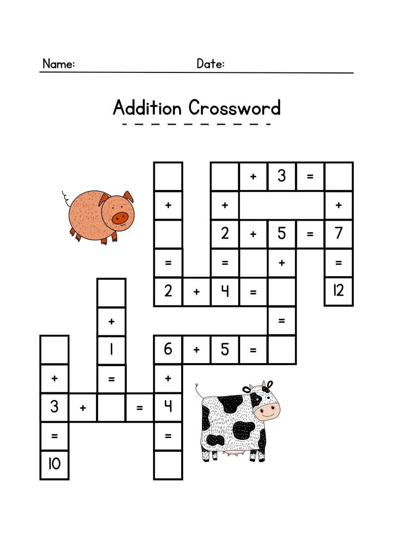 Addition Crossword Printable: Math Worksheet (printable) - Etsy