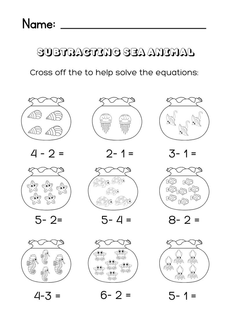 20printable Kindergarten Addition and Subtraction Sea Animal Worksheets ...