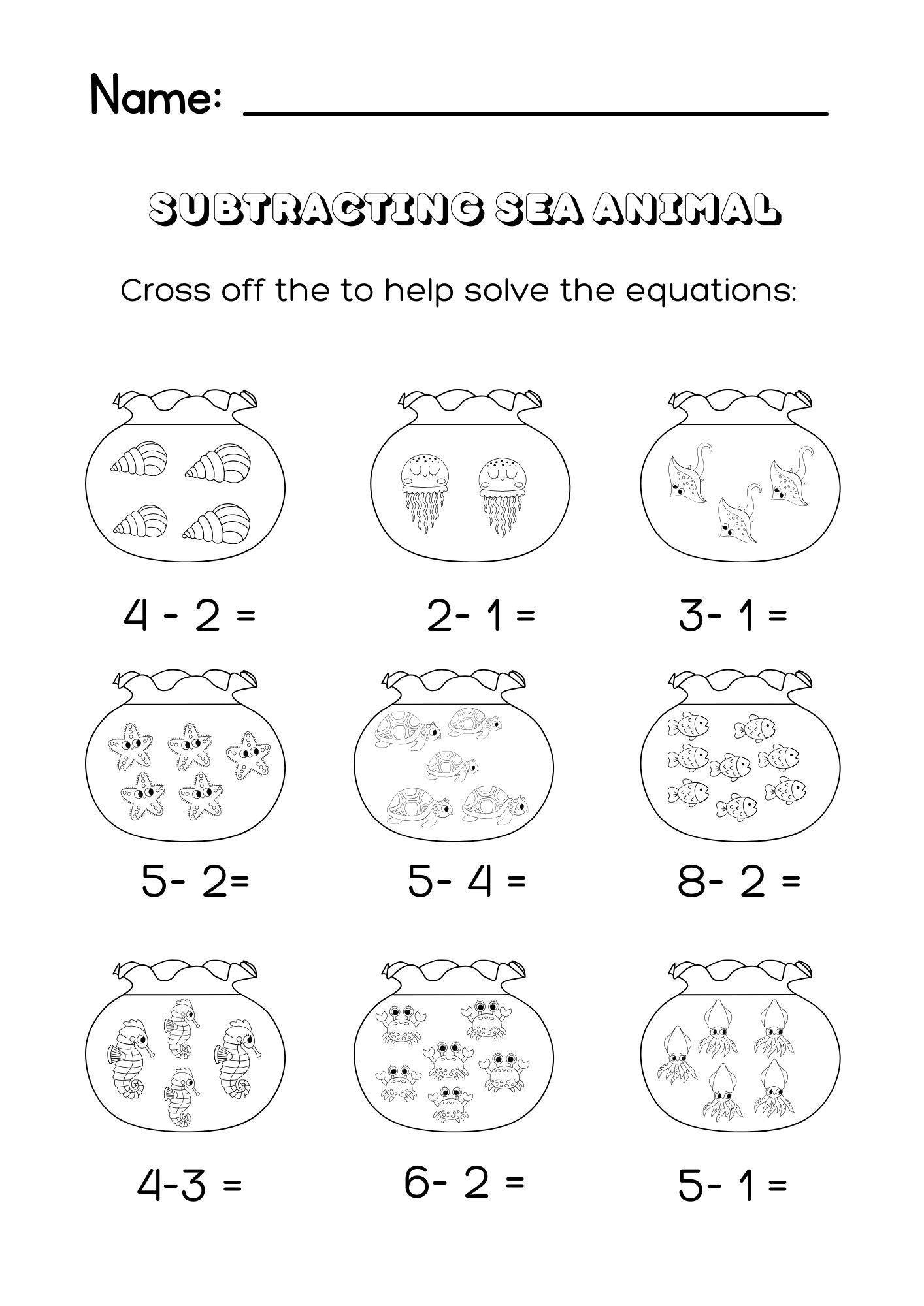 20printable Kindergarten Addition and Subtraction Sea Animal Worksheets ...
