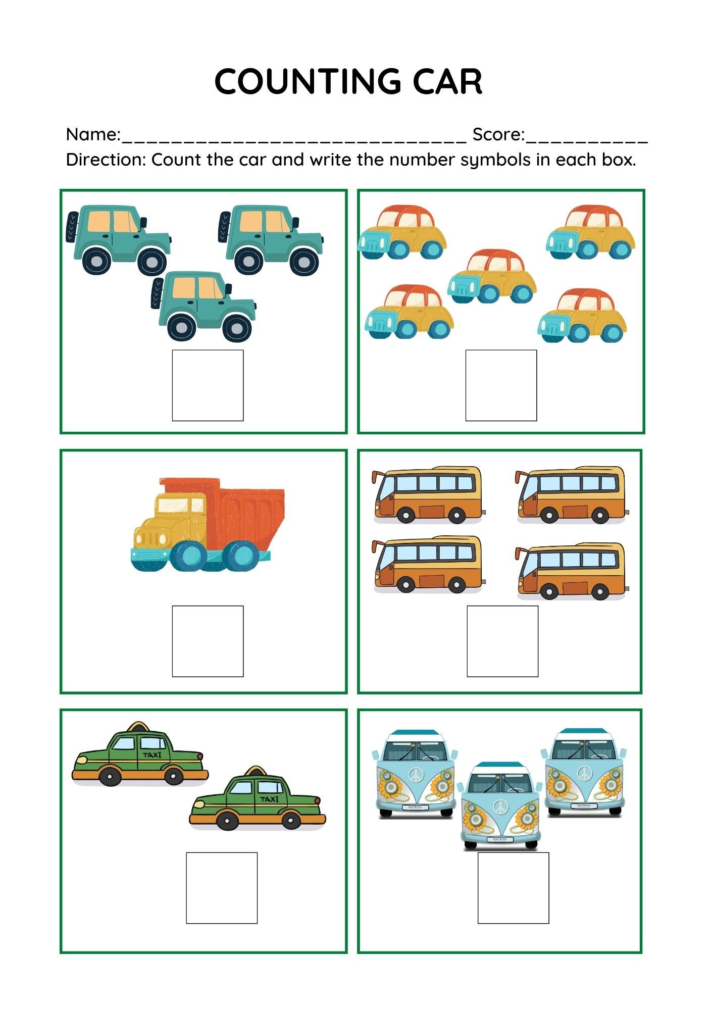 Car Counting Worksheet,preschool Math, Beginning Math, Counting ...