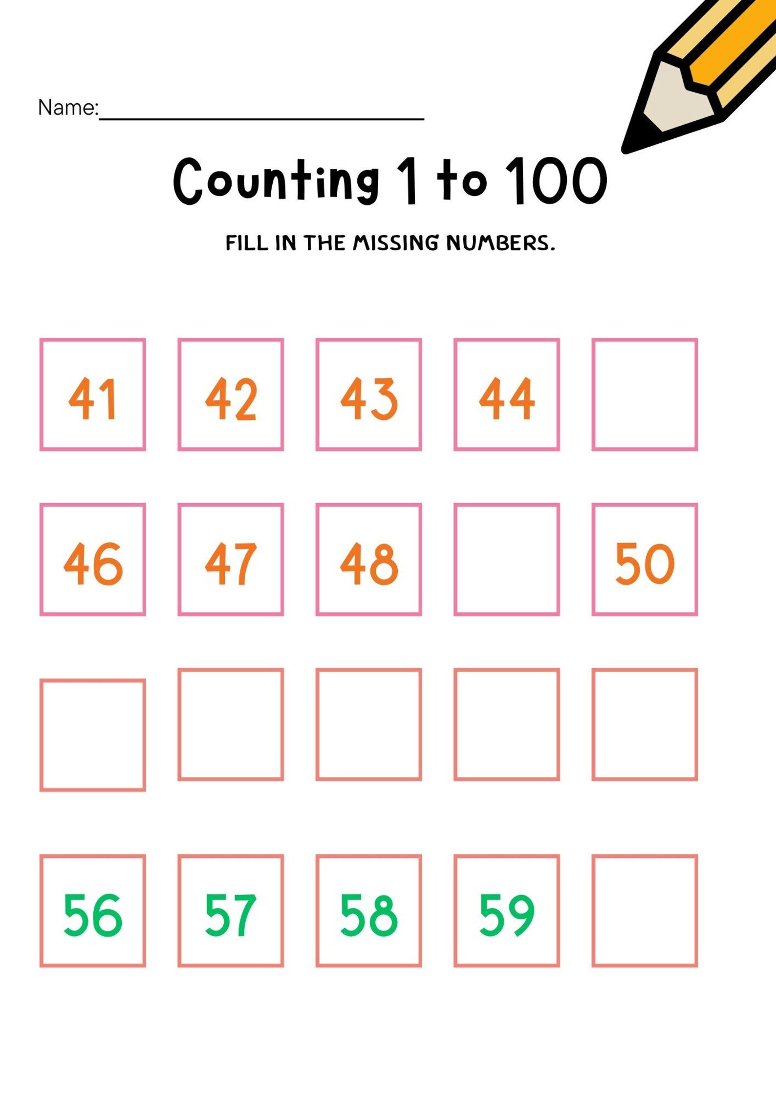 Missing Numbers 1-100 Worksheet: Kindergarten Counting Practice ...
