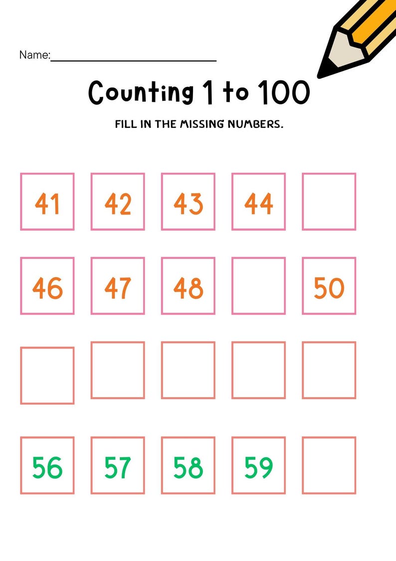 Missing Numbers 1-100 Worksheet: Kindergarten Counting Practice ...