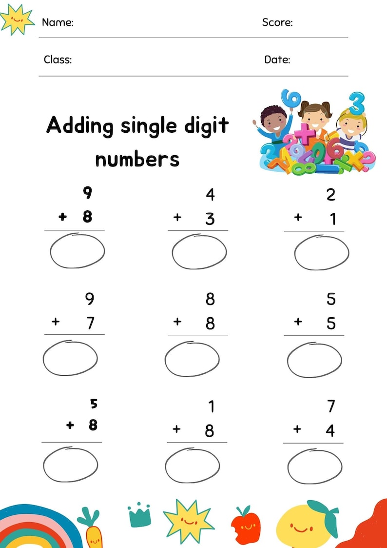 20 Printable Addition Worksheets, Math Worksheets, Single Digit ...