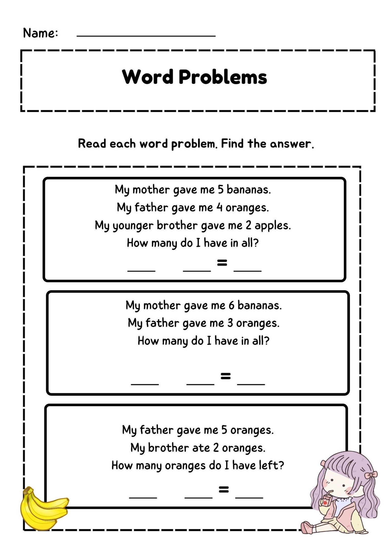 1st Grade Word Problems, Math Word Equations 2nd Grade,math Worksheet ...