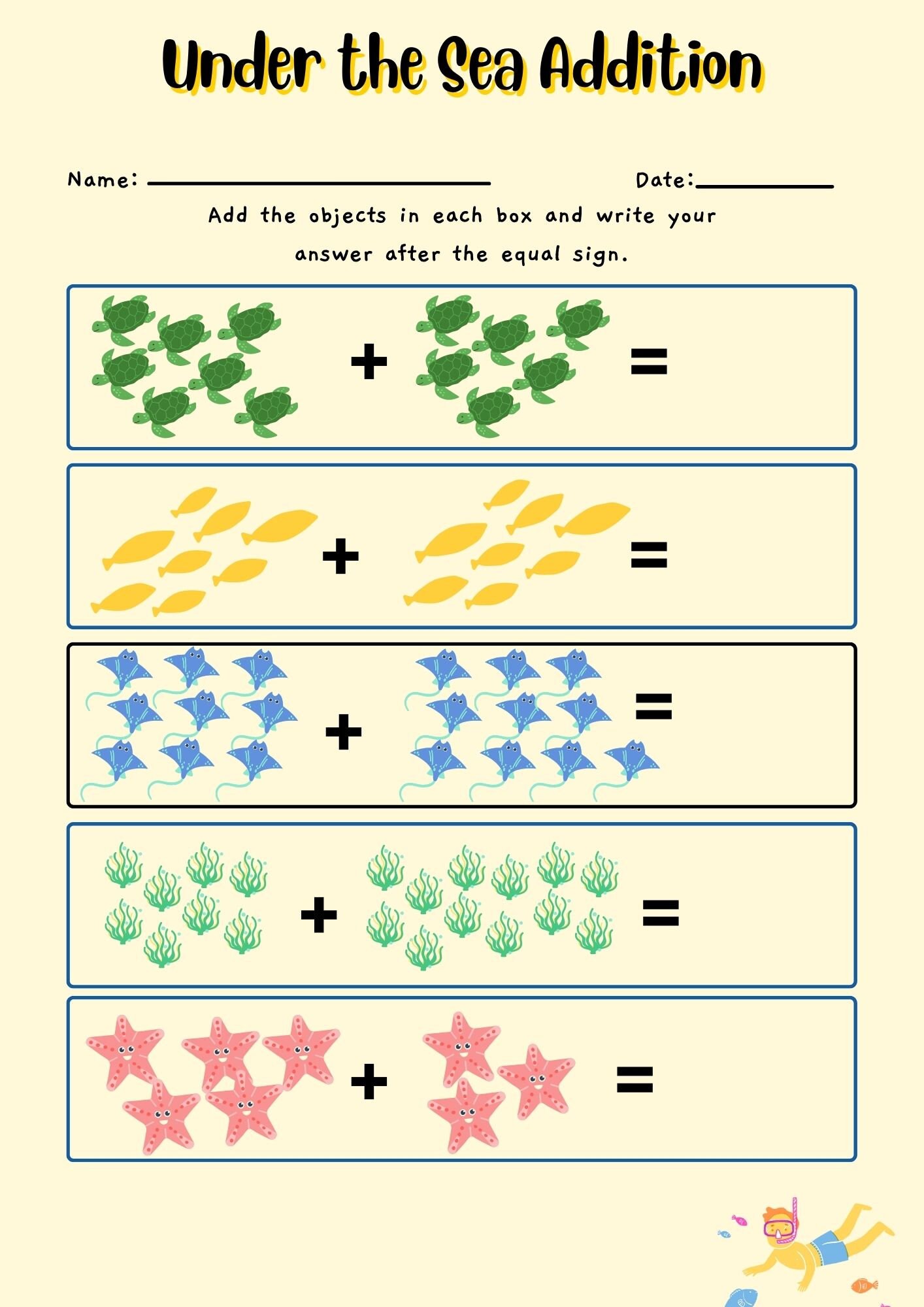 Math Worksheets Single Digit Cute Sea Animals Addition Edition ,animal ...