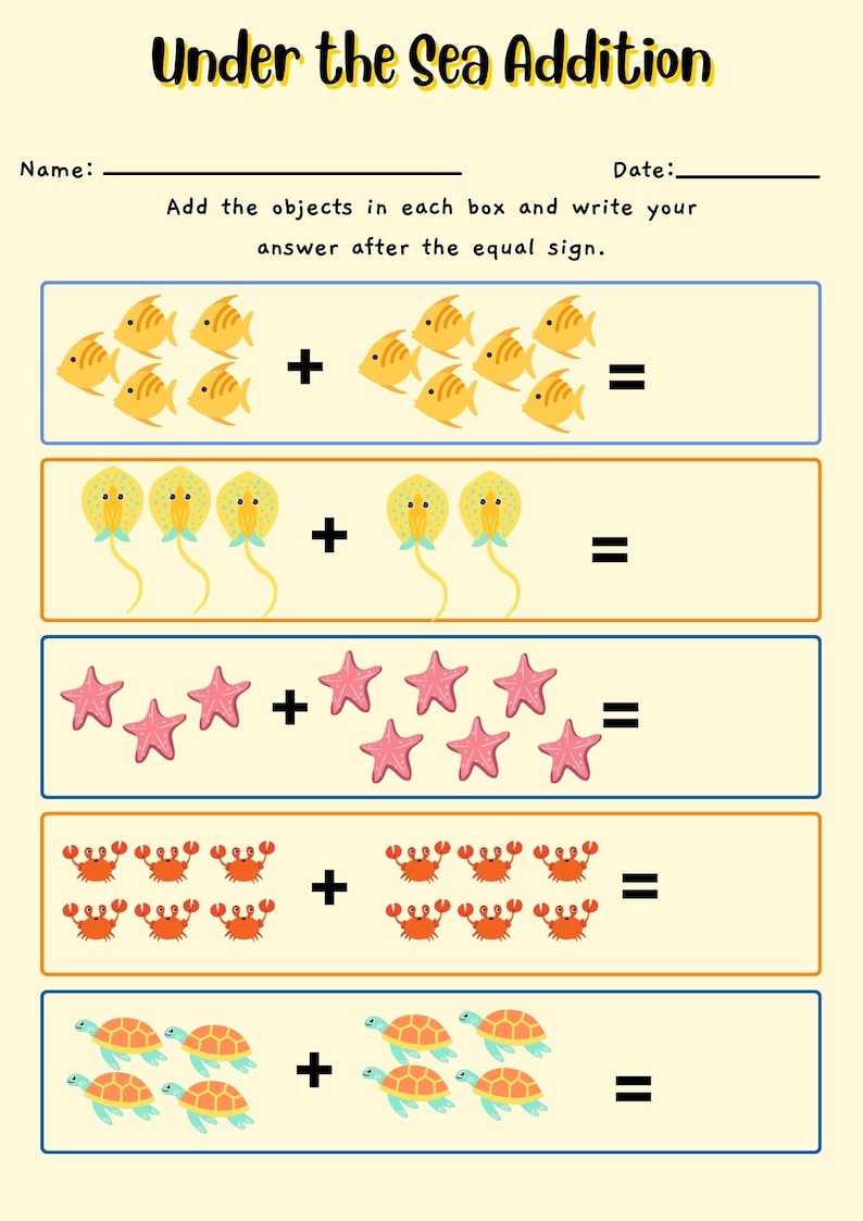 Math Worksheets Single Digit Cute Sea Animals Addition Edition ,animal ...