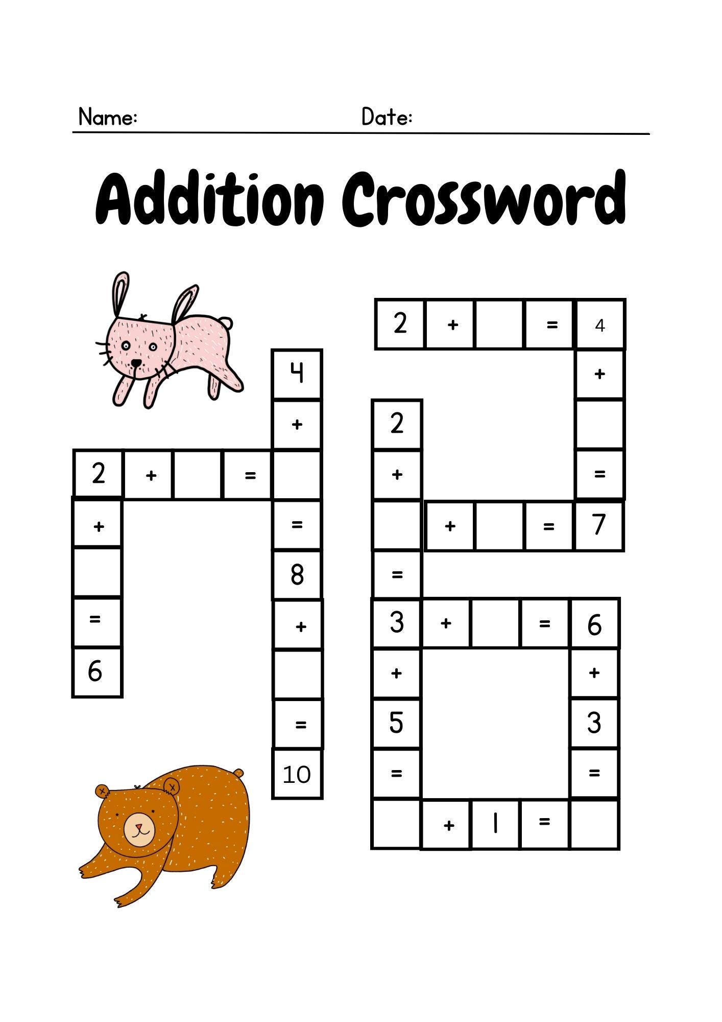 Addition Crossword Printable: Math Worksheet (printable) - Etsy