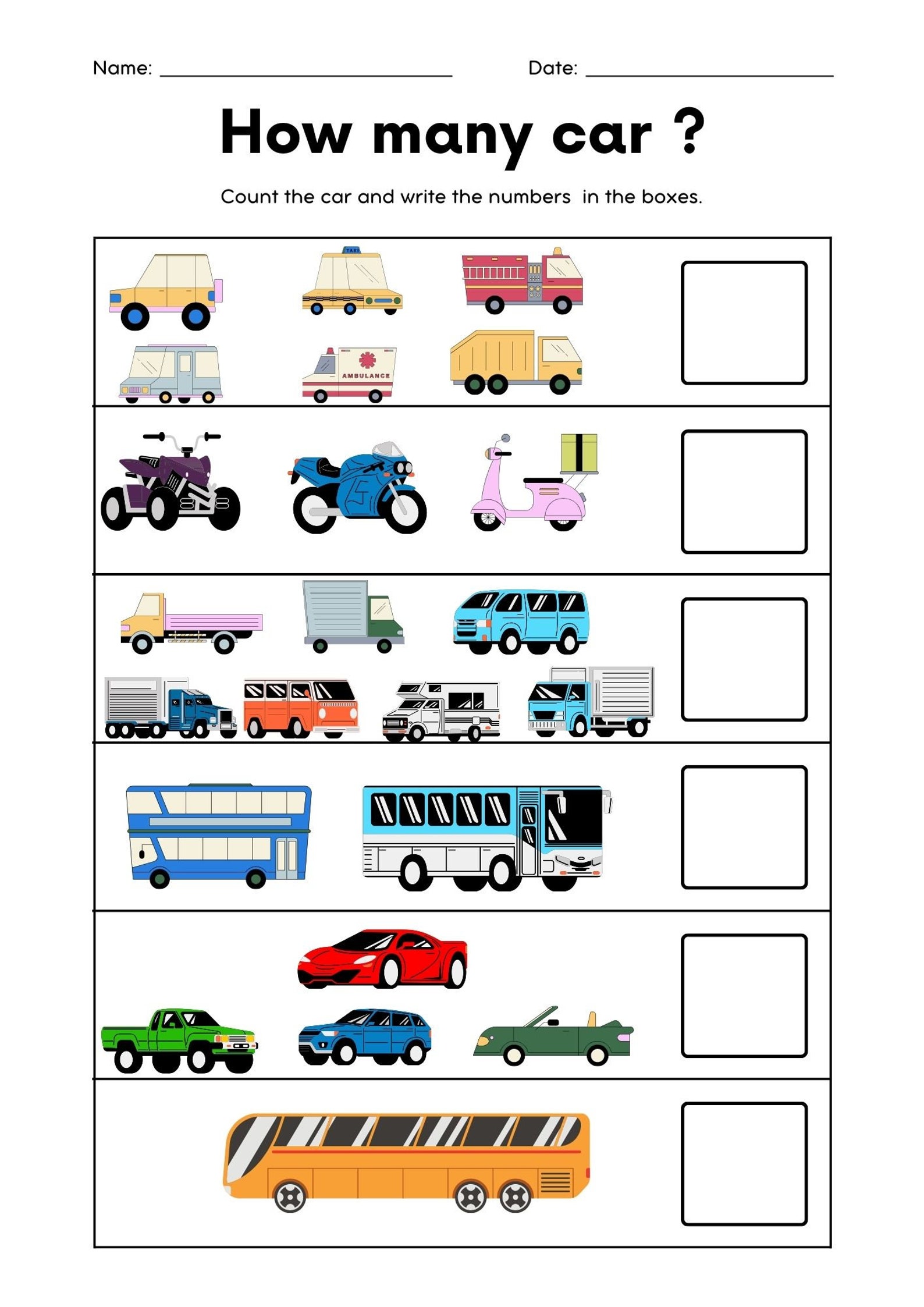 Car Counting Worksheet,preschool Math, Beginning Math, Counting ...