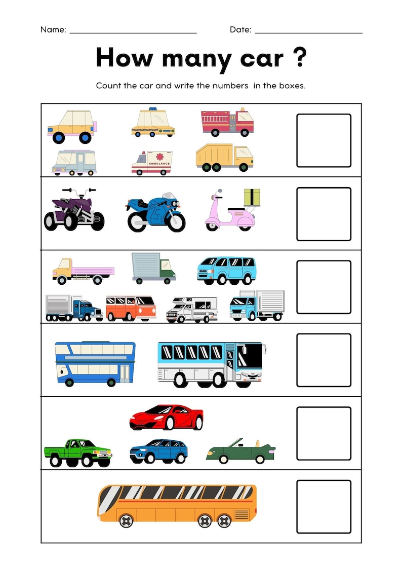 Car Counting Worksheet,preschool Math, Beginning Math, Counting ...