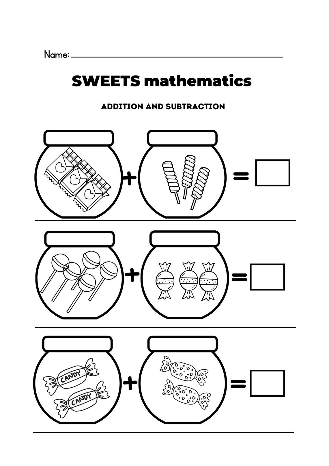 Candy Addition and Subtraction Worksheets: Kindergarten, Preschool ...