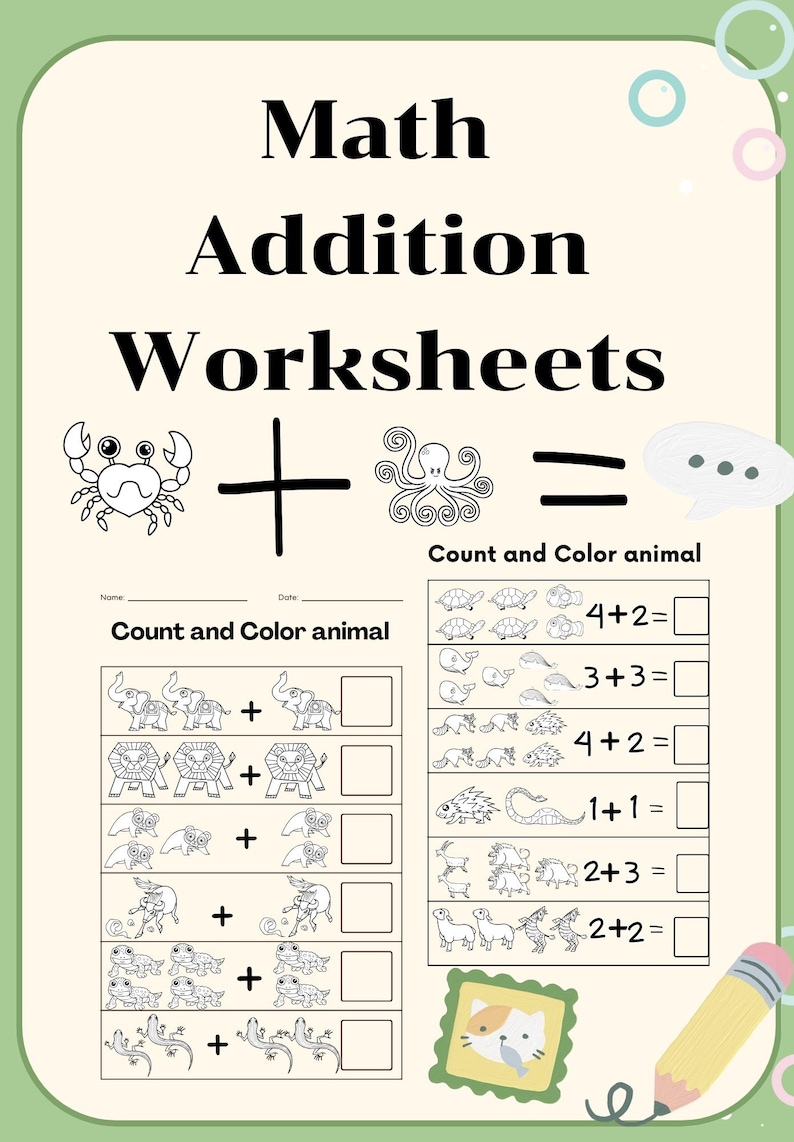 Animal Addition Worksheets: Single Digit Math, Homeschool Printable ...