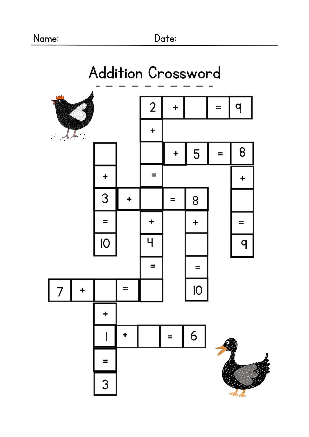 Addition Crossword Printable: Math Worksheet (printable) - Etsy