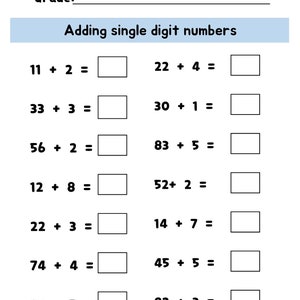24 Single Digit Addition Worksheets: Kindergarten Math (printable) - Etsy