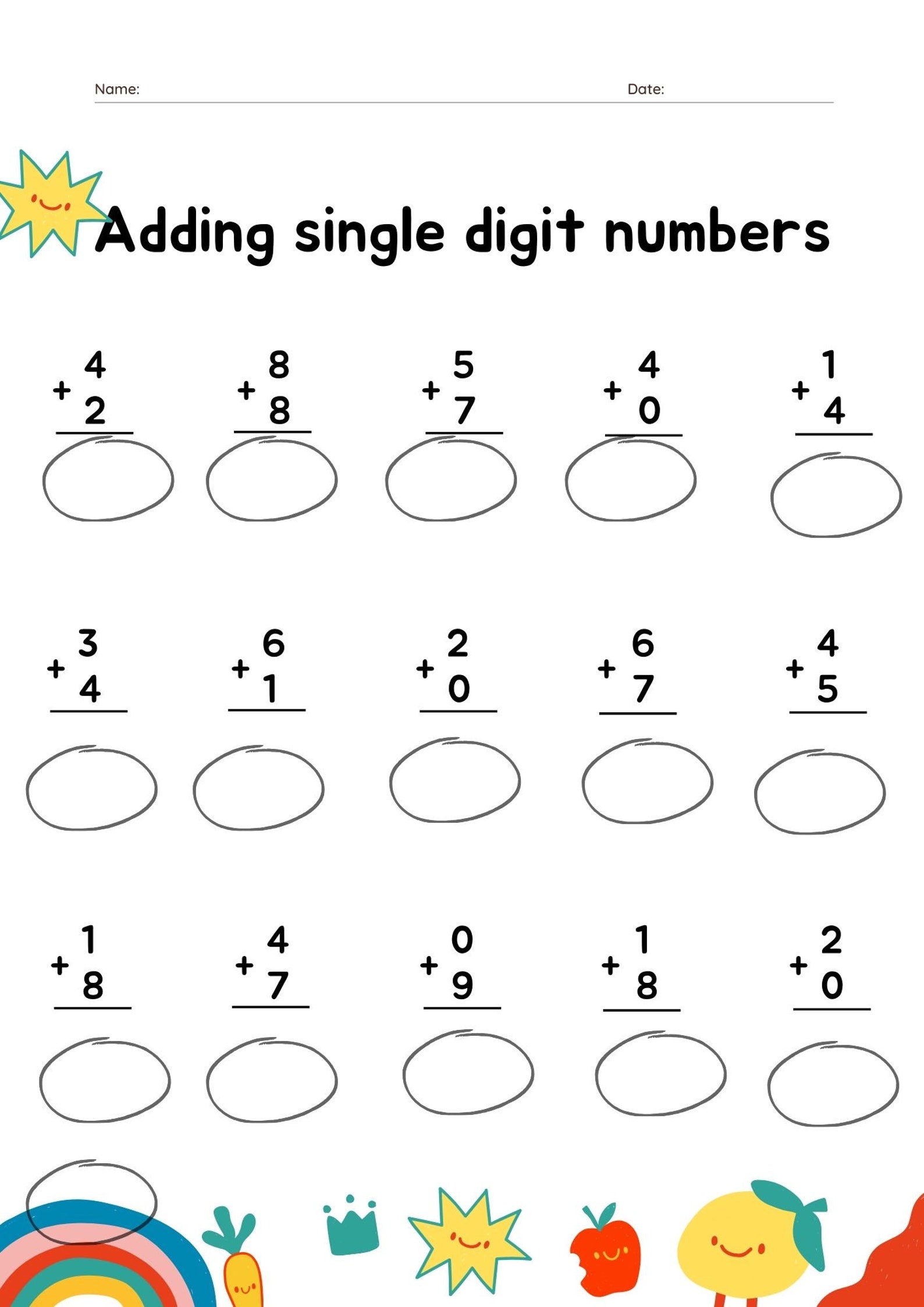 20 Single Digit Addition Worksheets: Kindergarten Math (PDF) - Etsy