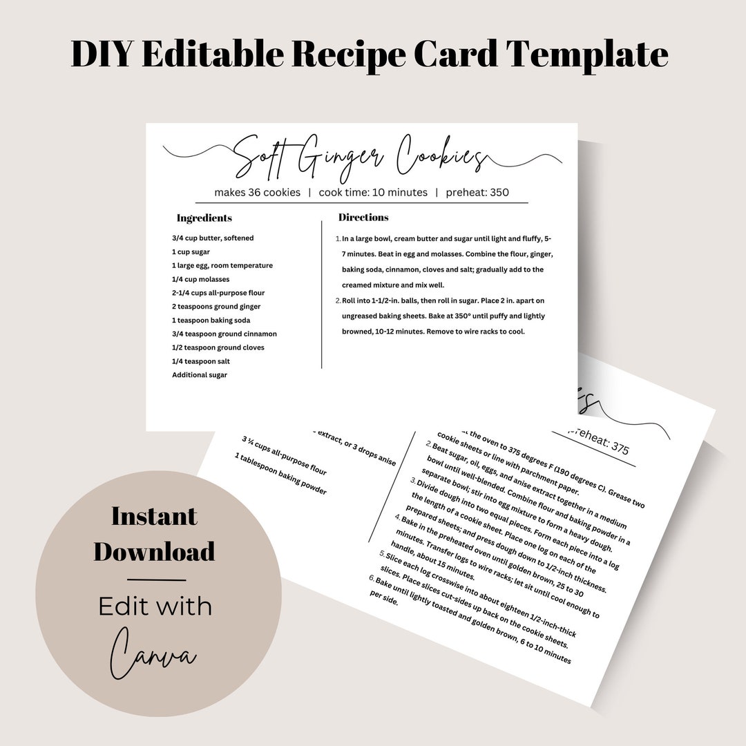 Digital Recipe Card Template in Canva Editable and Print at Home DIY ...
