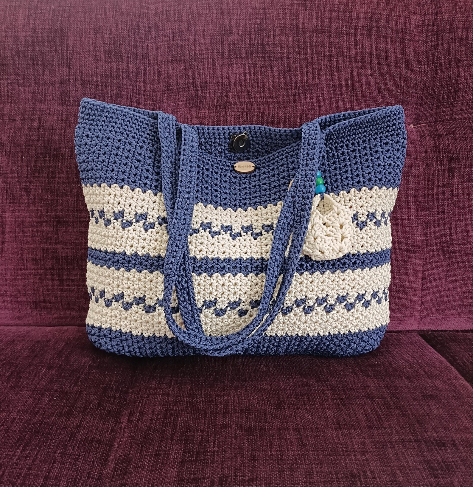 Handmade Navy Blue Beige Macrame Crochet Bag, Women's Shoulder Bag ...