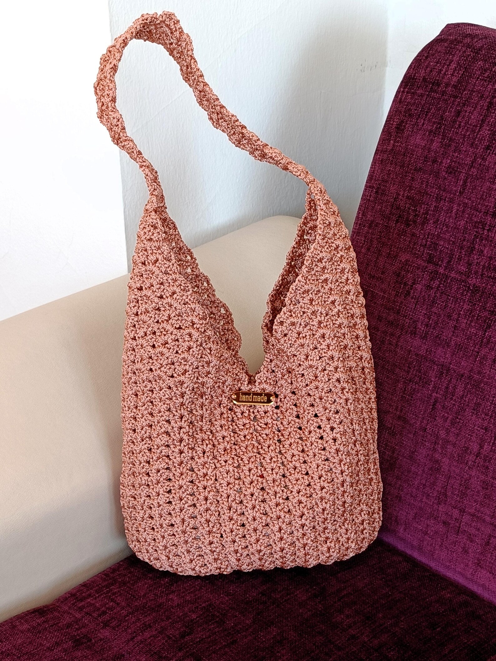 Salmon Crochet Shoulder Bag – Boho Mesh Tote, Handmade Summer Purse - Etsy