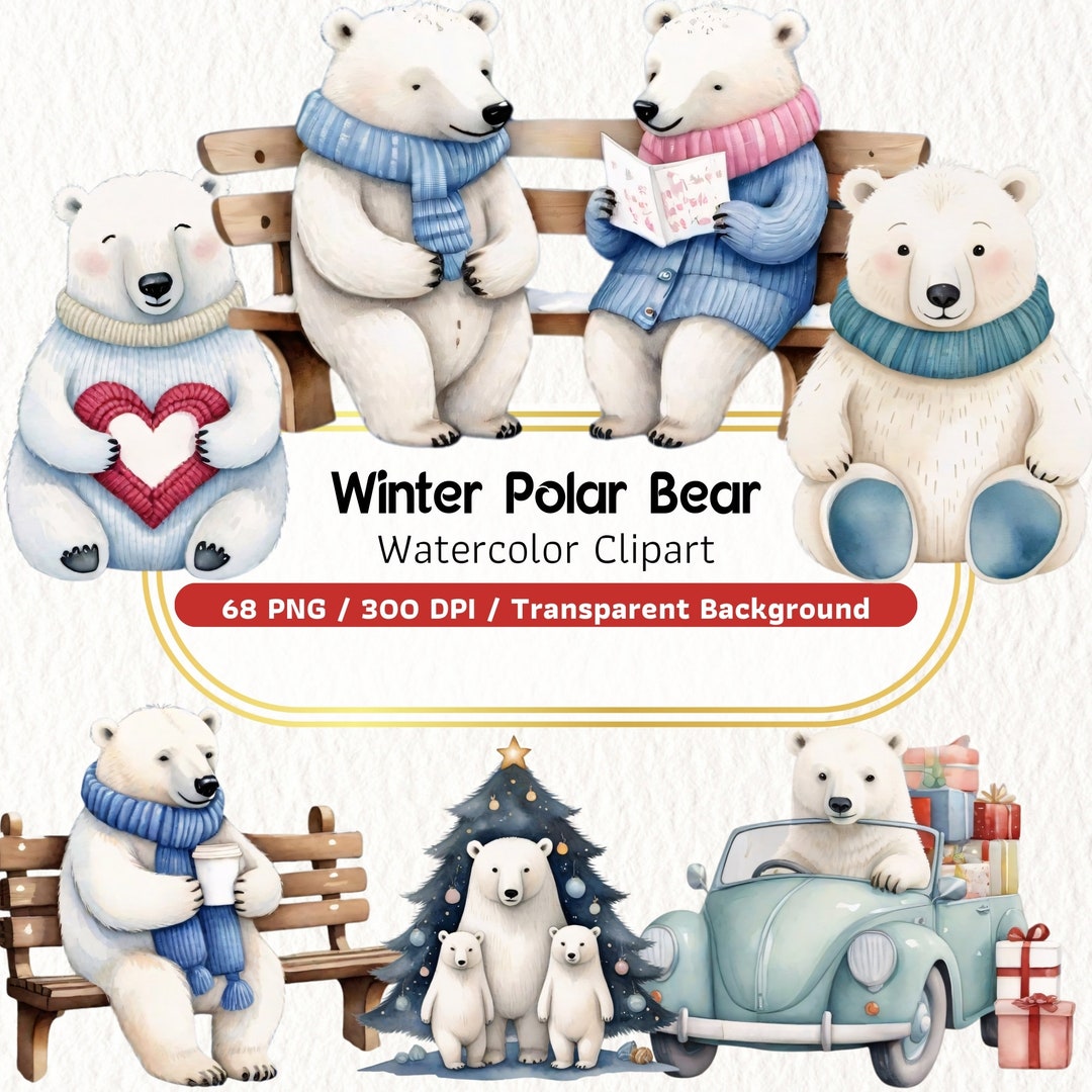 Winter Polar Bear Clipart, Christmas Polar Bear Clipart, Watercolor ...