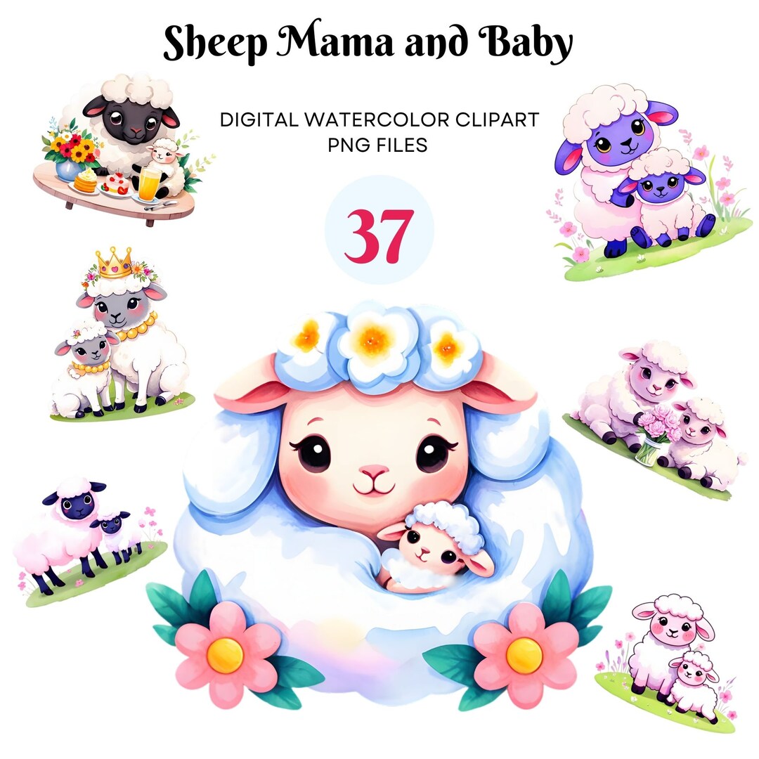 Sheep Mama and Baby Clipart, Sheep Clip Art, Lamb Clip Art, Watercolor ...