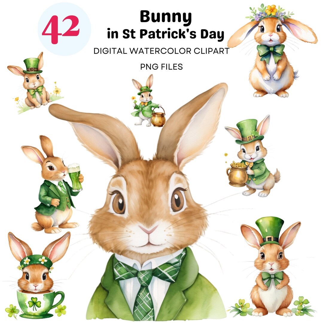 Bunny in St Patrick's Day Watercolor Clipart, St. Patrick's Day Bunny ...