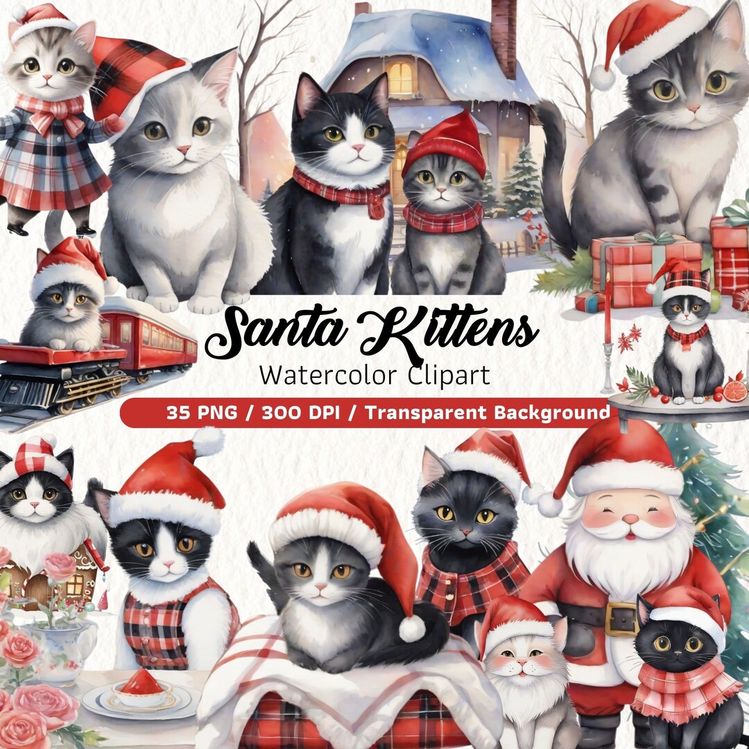 Santa Kittens Watercolor Clipart, Christmas Clipart,winter Cat Png ...