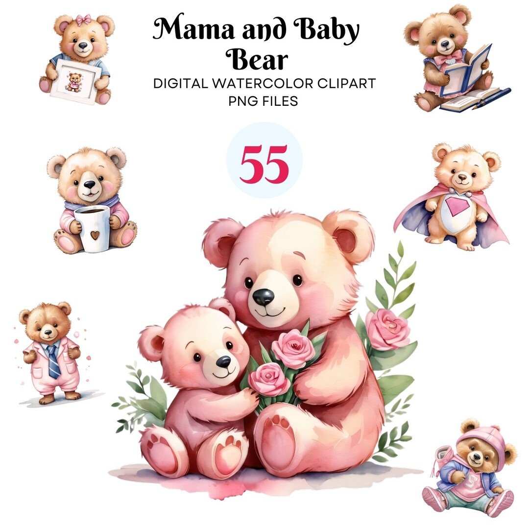 Mama and Baby Bear Clipart, Cute Bear, Teddy Bear PNG, Gift for Mom ...