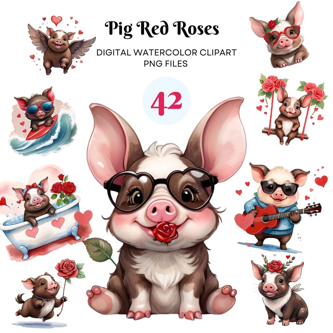 Pig Red Roses Clipart, Cute Floral Pig PNG, Red Rose Clipart, Roses ...