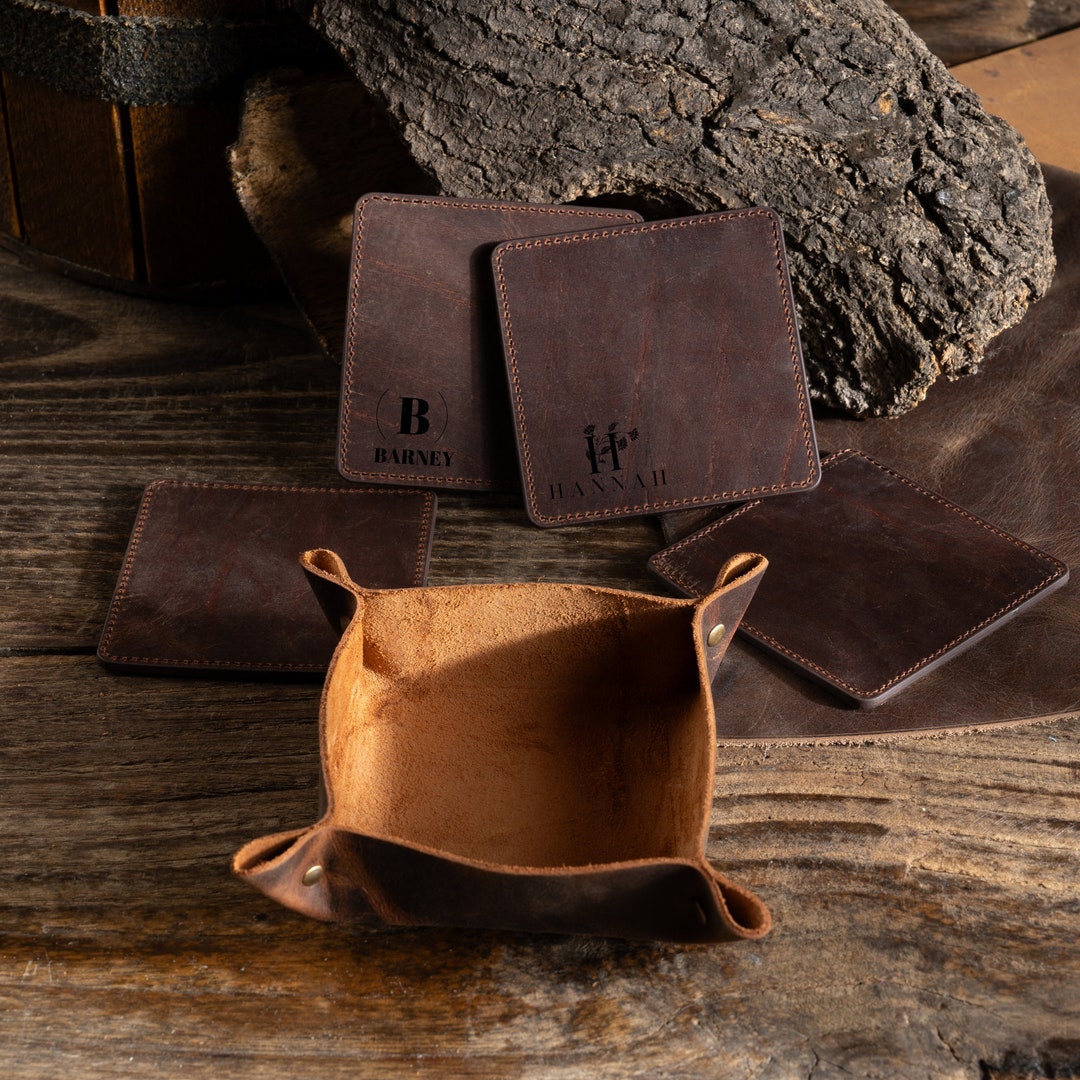 Personalized Leather Coasters Set of 4, Custom Leather Coasters Set ...
