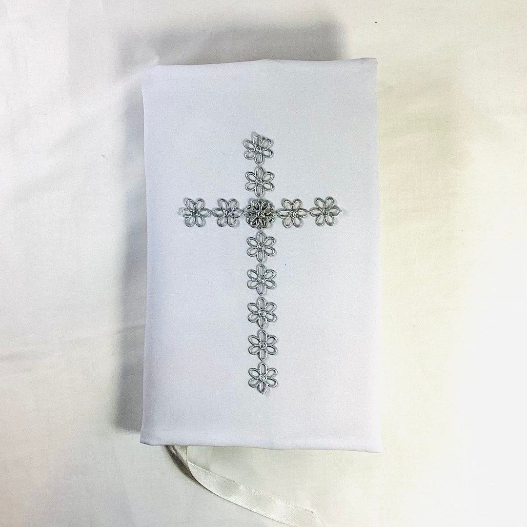 White Bible Cover,silver Cross, Adjustable Book Cover, Christian Gift ...