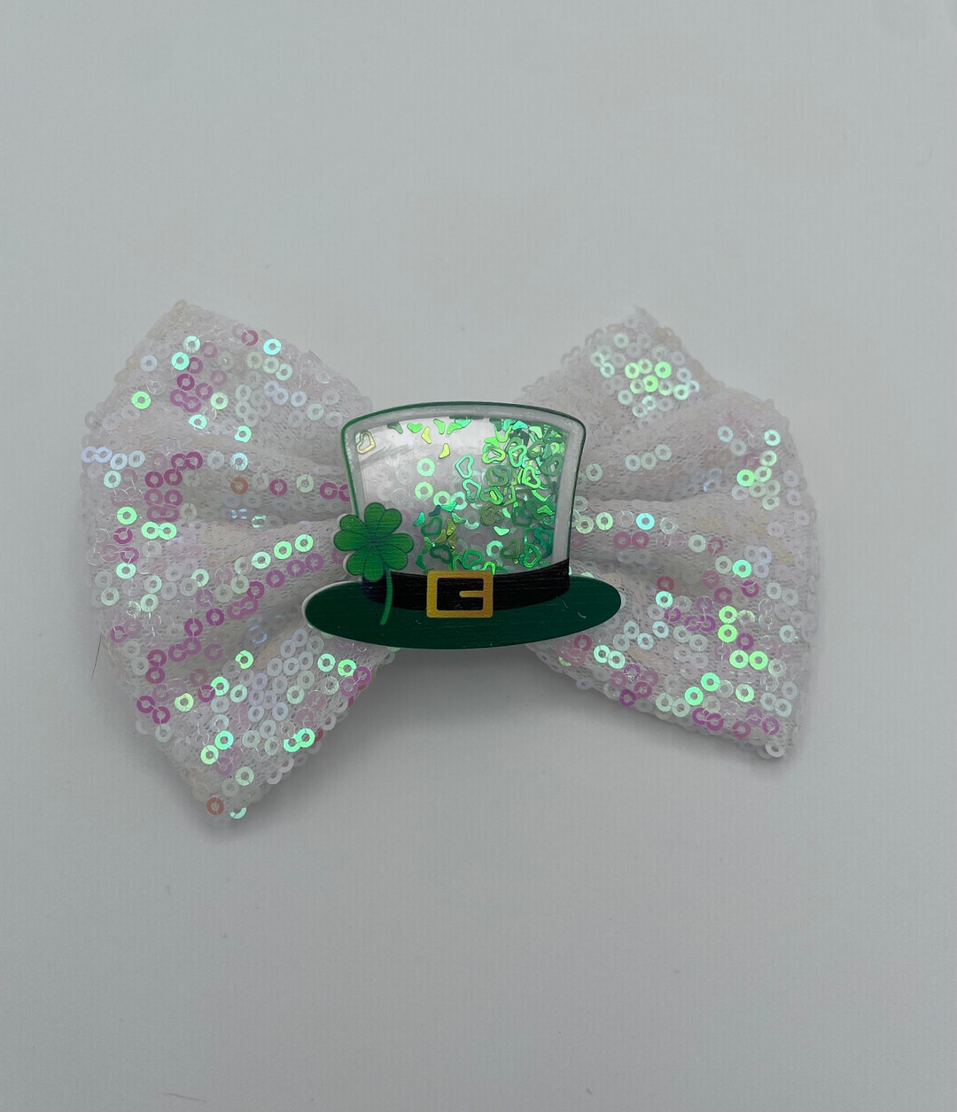 Lucky Charm Hat Green Hearts Shaker on White Sequin Bow Alligator Hair Clip With Option of ...