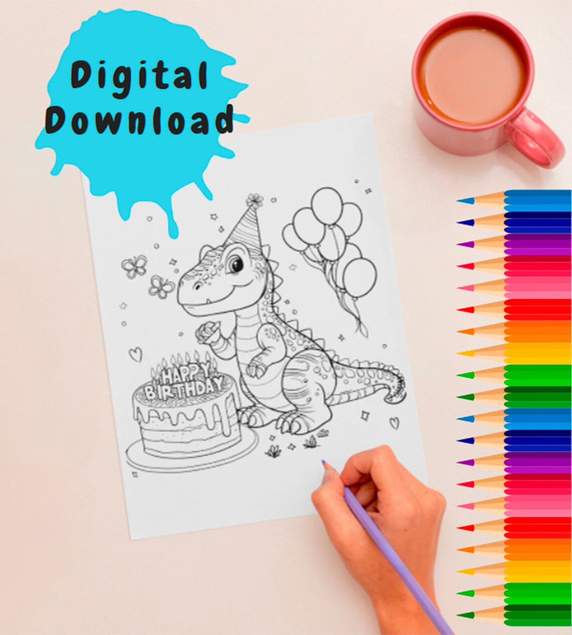 Happy Birthday Dinosaur Colouring Page Lineart Design PNG PDF Hand ...