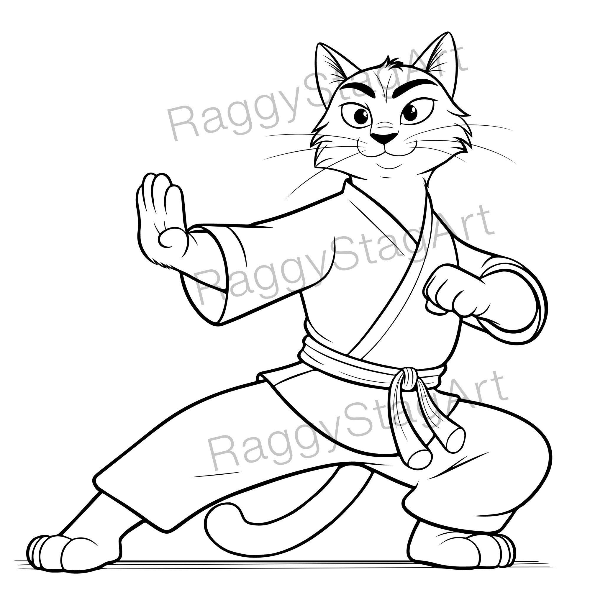 Kung Fu Cat Character Lineart Design PNG PDF Colouring Page Hand Drawn ...