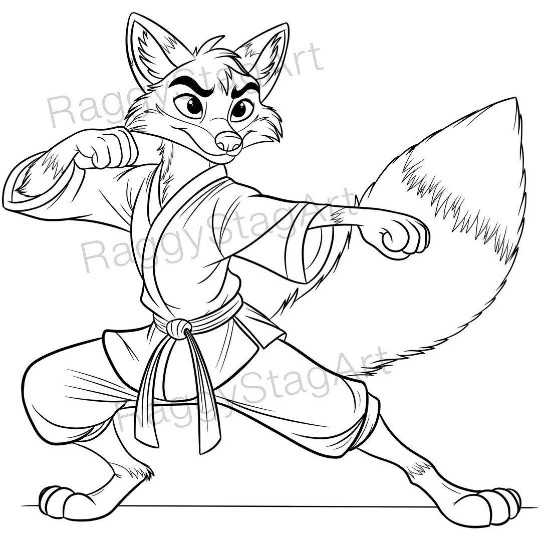 Kung Fu Fox Character Lineart Design PNG PDF Colouring Page Hand Drawn ...