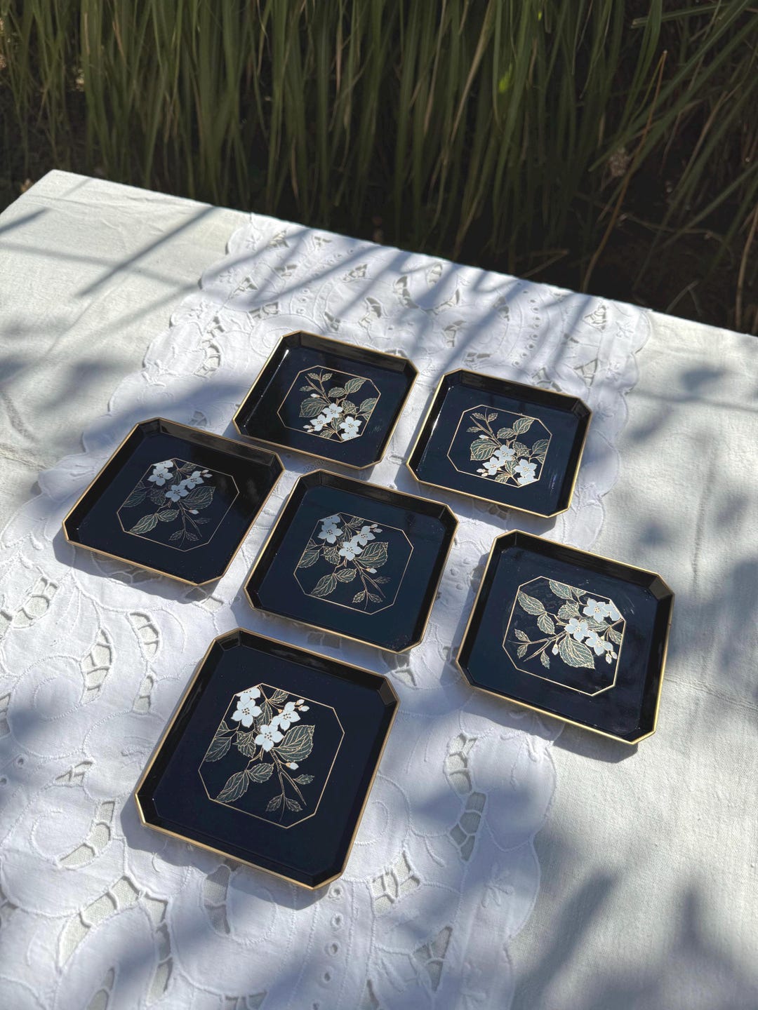 Mid-century Modern Japanese Coasters: Mother of Pearl Butterfly Floral ...