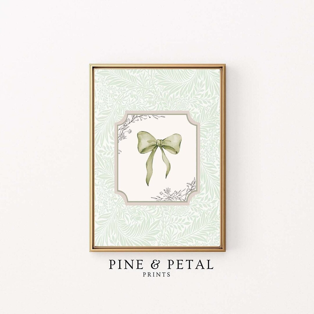 Vintage Green Bow Print, Digital Download, Large Printable Wall Art for ...