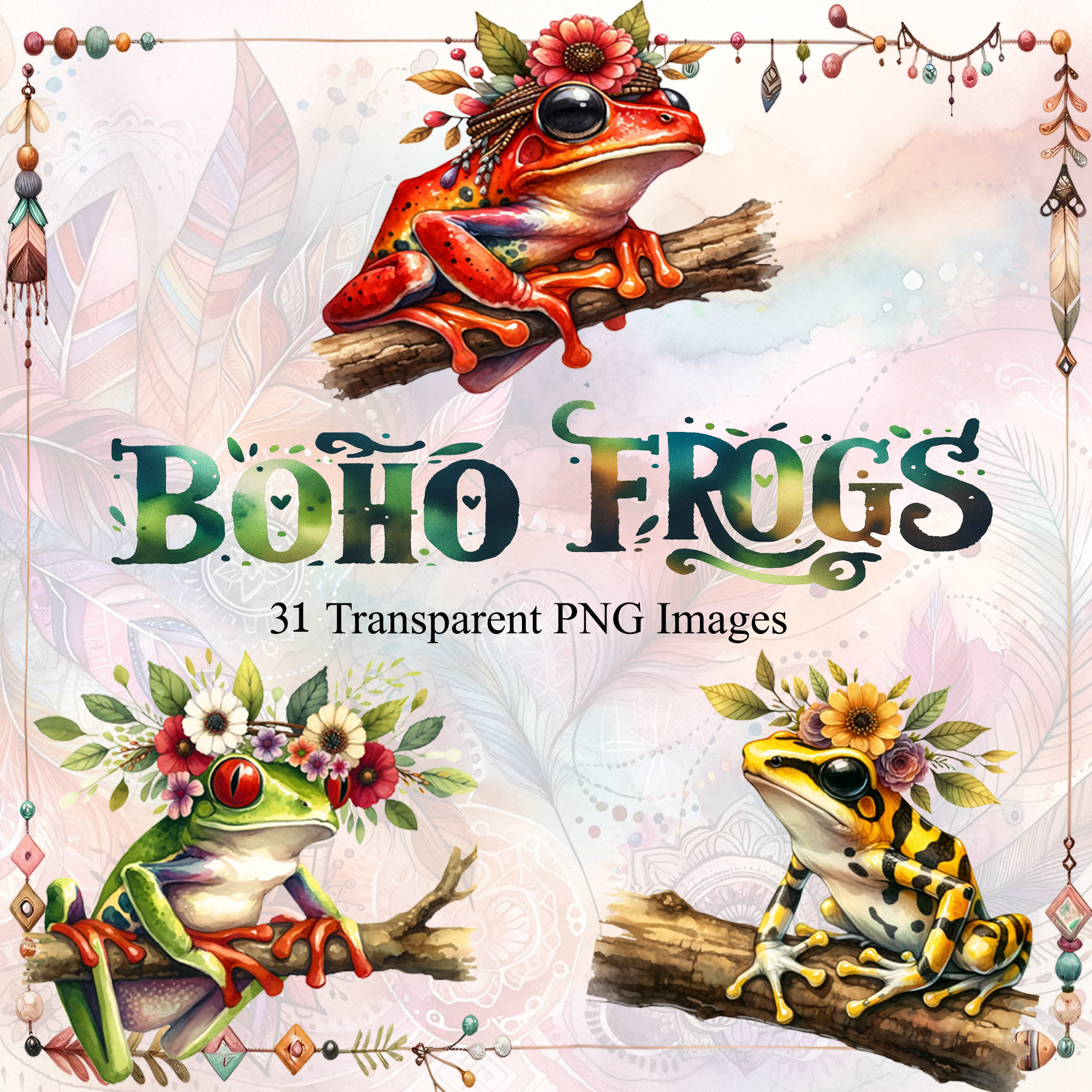 31 Boho Frogs, PNG, Transparent, 300 DPI - Etsy