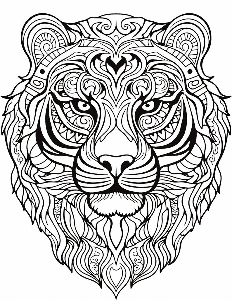 100 Unique Tiger Head Coloring Pages for Adults, Wild Animal Fantasy ...