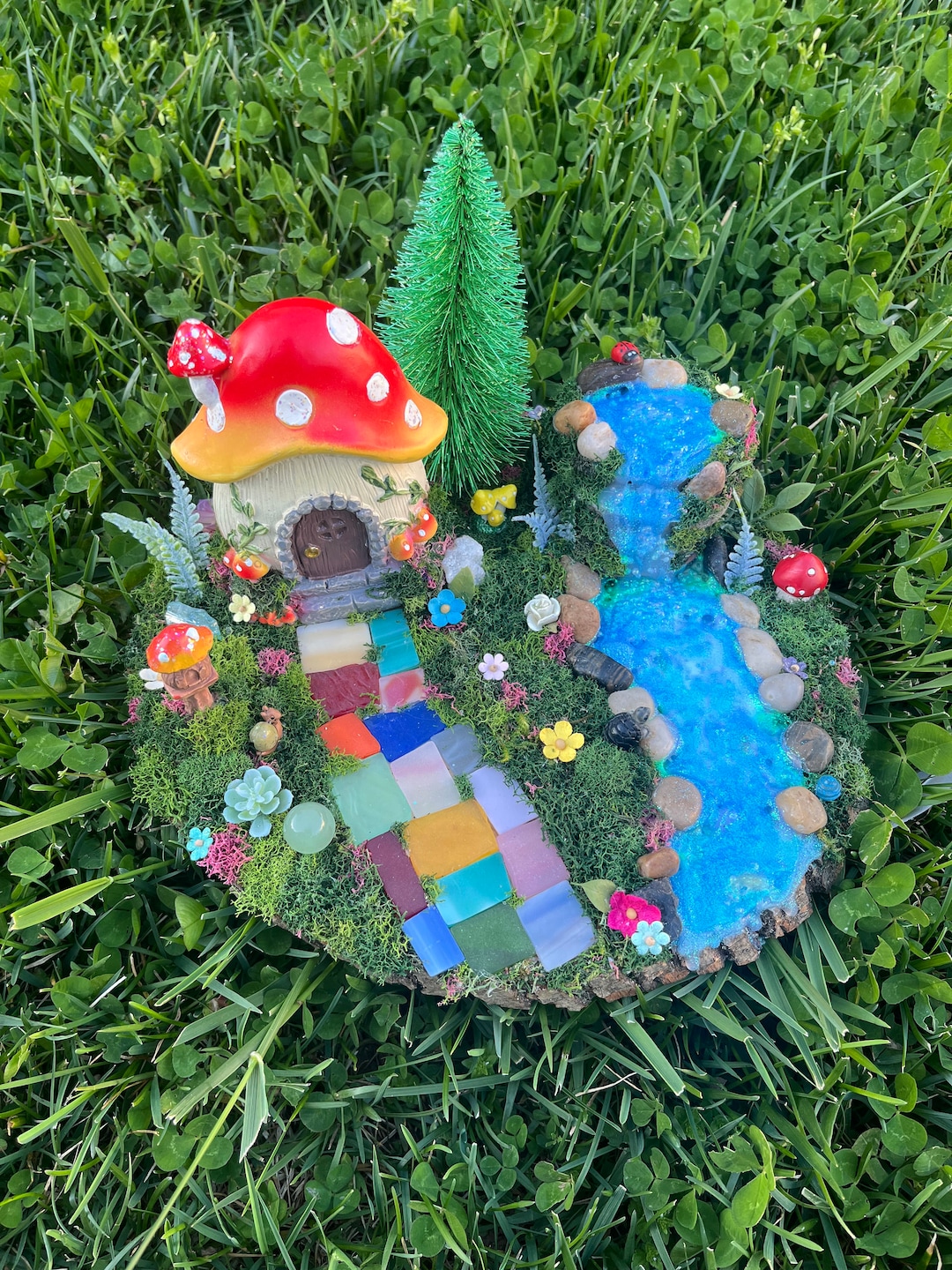 Magical Waterfall & Mushroom Home Woodround Scene, Mushrooms and ...