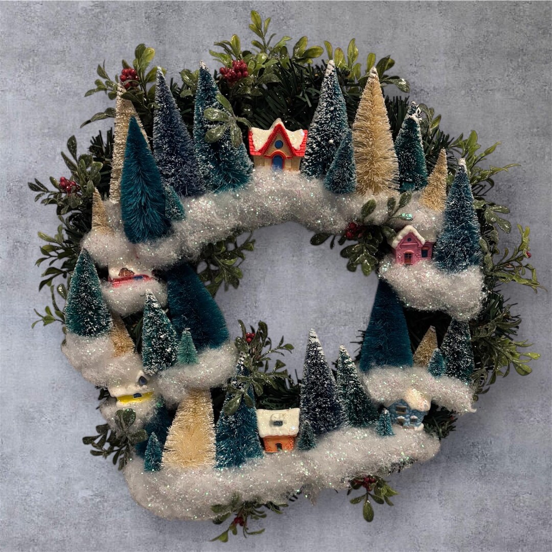 Magical Village Wreath - 18", Whimsical, Holiday Decor, Christmas ...