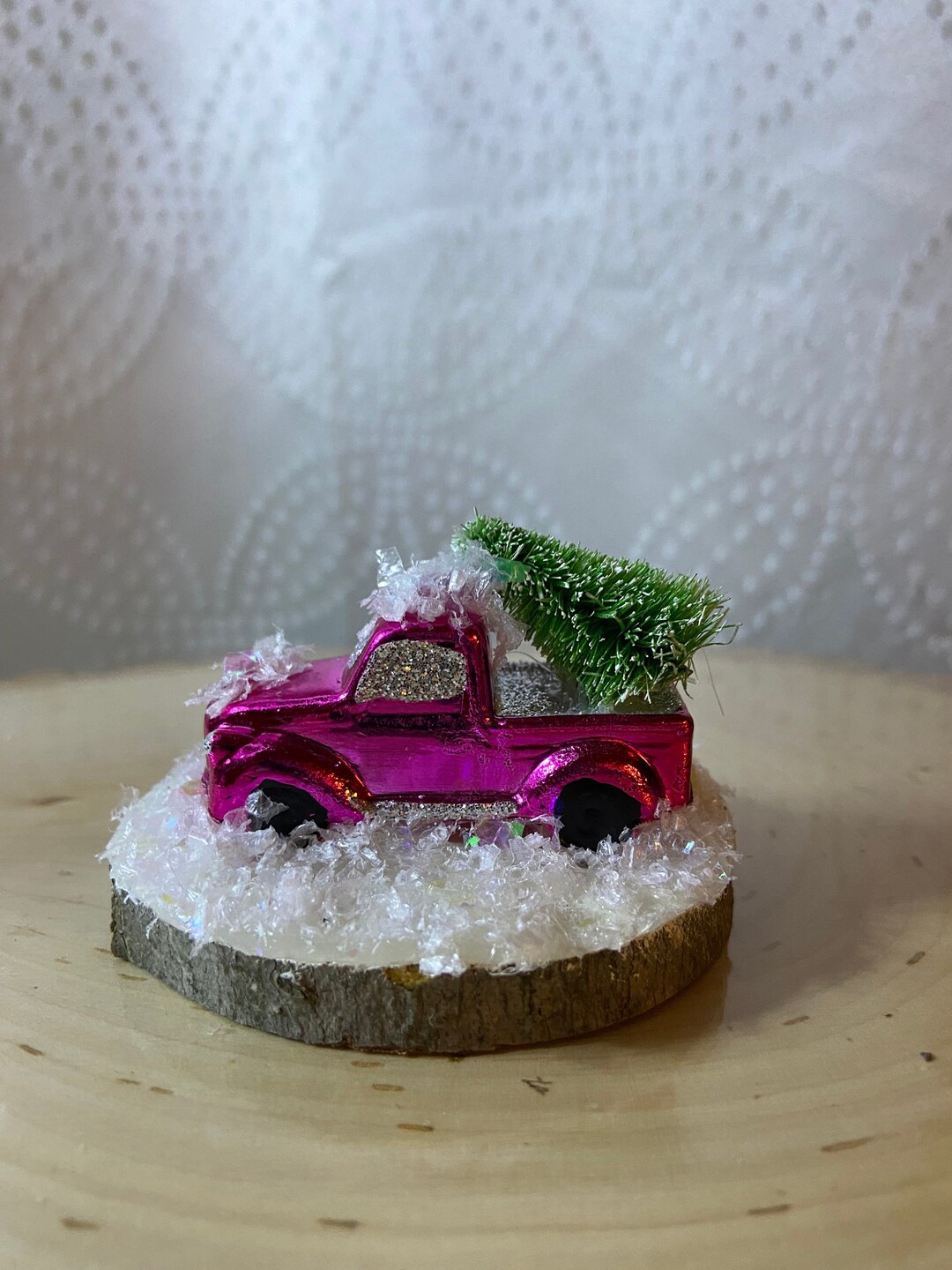 Snowy Pink Truck Hauling Christmas Tree Home for Holidays - Etsy