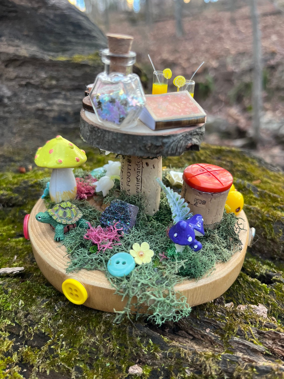Mini Faery Table, Woodround Nature Scene, Crystals, Flowers, Fairy ...