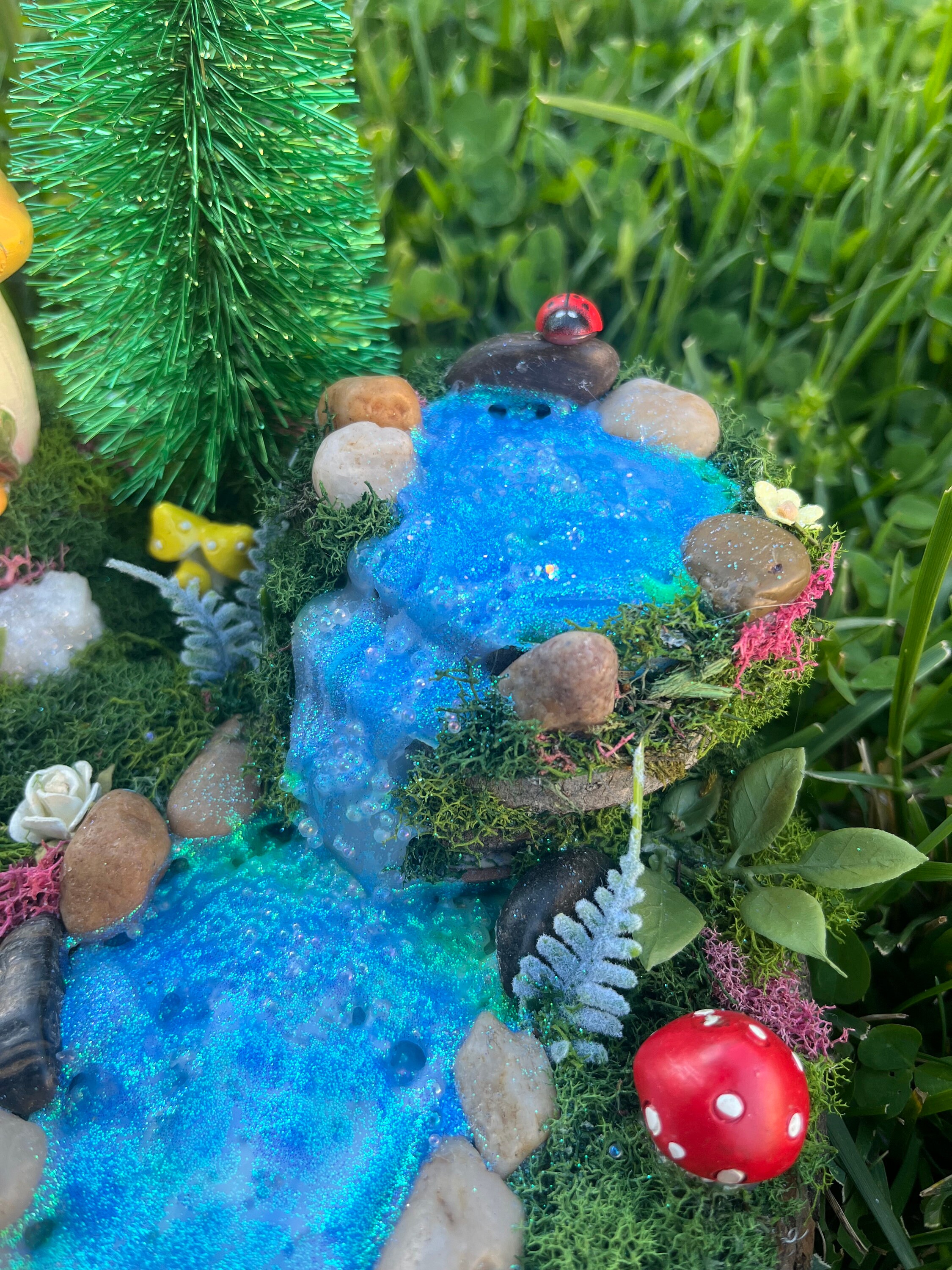 Magical Waterfall & Mushroom Home Woodround Scene, Mushrooms and ...