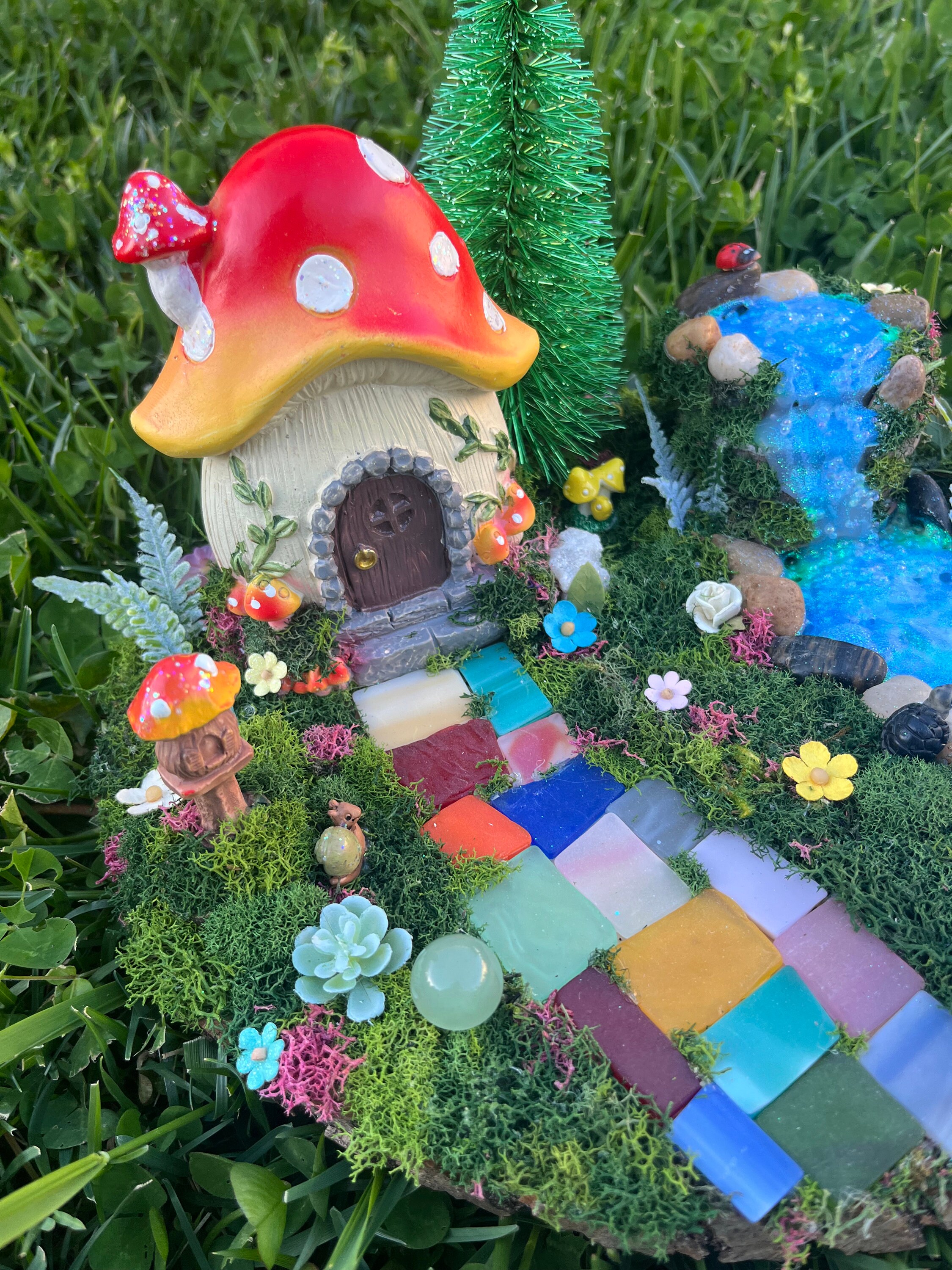 Magical Waterfall & Mushroom Home Woodround Scene, Mushrooms and ...