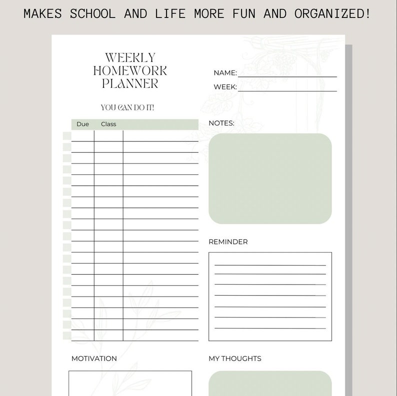 WEEKLY HOMEWORK PLANNER - Etsy