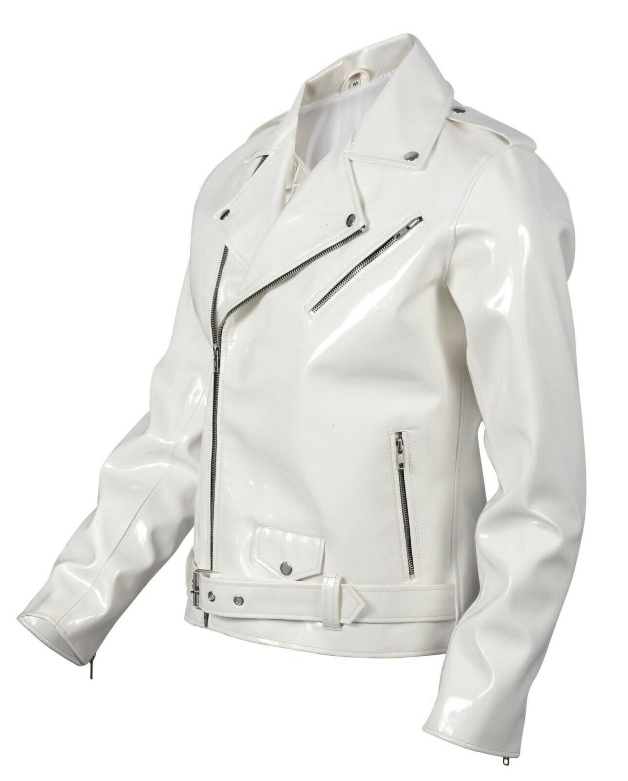 HANDMADE White PVC Vinyl Motorcycle Jacket Gothic Band RIP Moto Biker ...