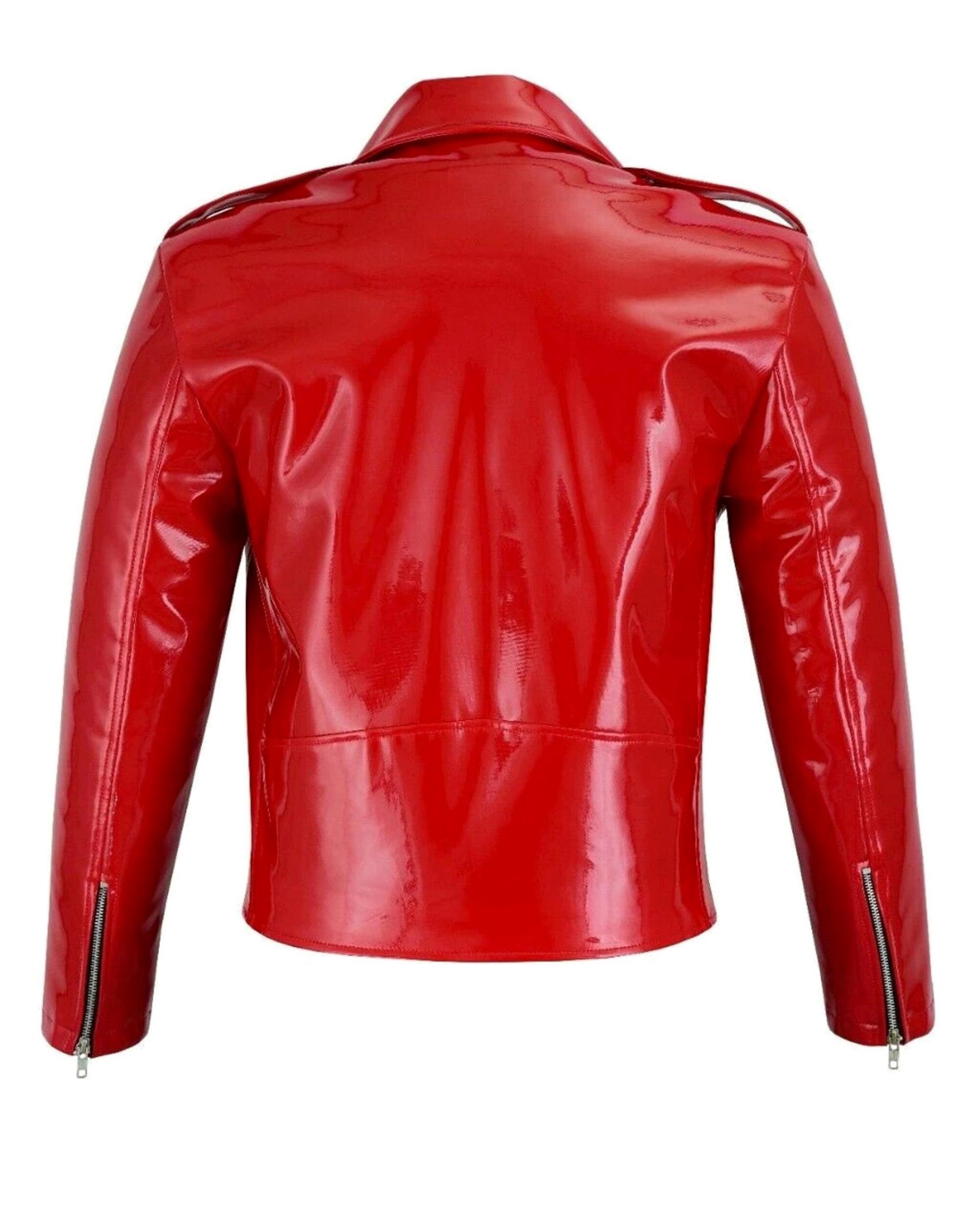 HANDMADE RED PVC Vinyl Motorcycle Jacket Gothic Band Rip Moto Biker ...