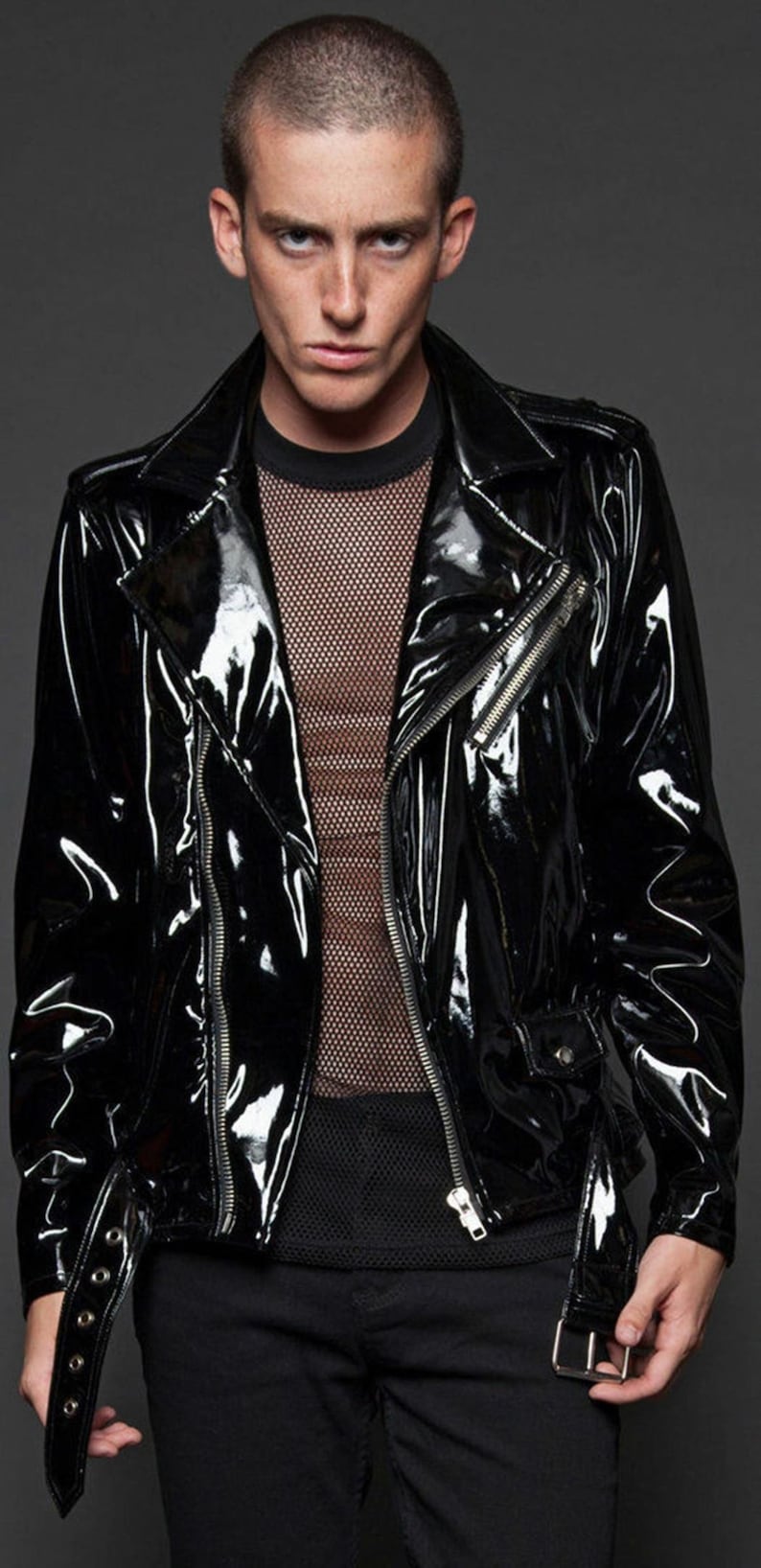 HANDMADE BLACK PVC Vinyl Motorcycle Jacket Gothic Band Rip Moto Biker ...